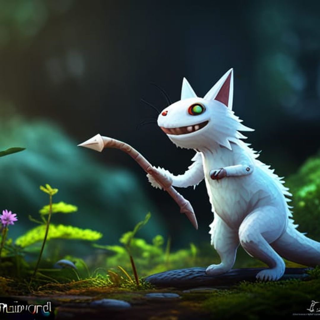 A picture of a white slug cat from the game Rainworld Holding a spear ...