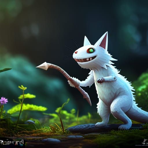A picture of a white slug cat from the game Rainworld Holding a spear ...