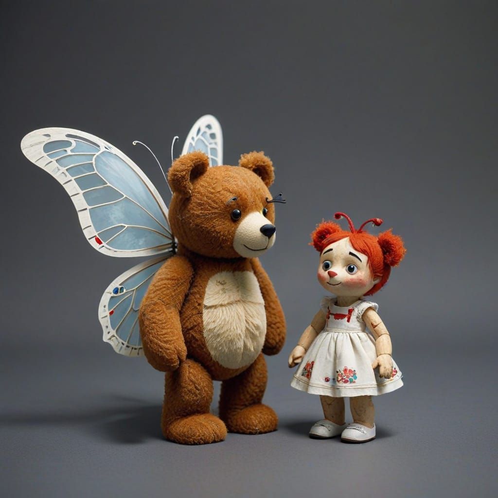 Confused Butterfly and Teddy Bear, Pixar Style - AI Art