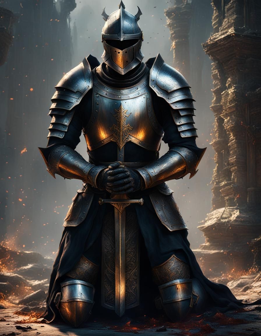 A black battle damaged knight on his knees praying to god - AI ...
