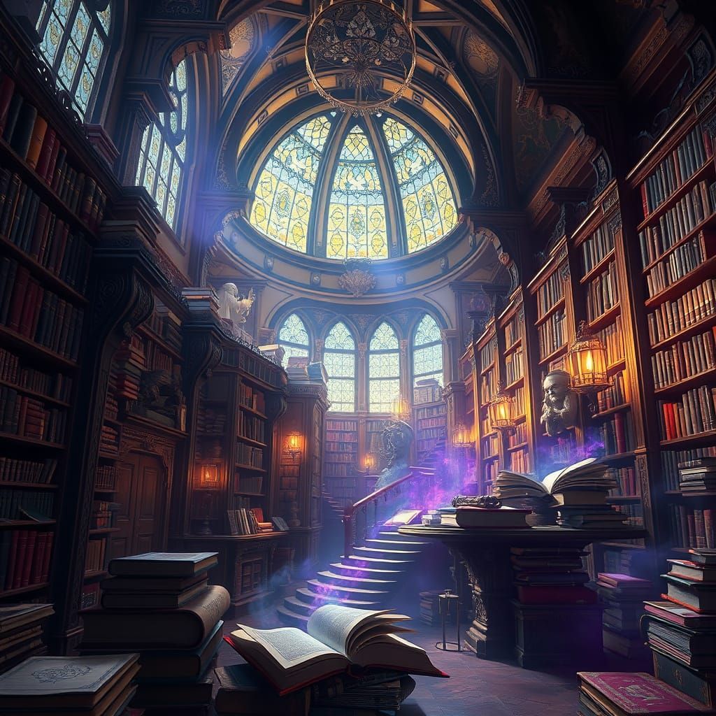 Surreal Dark Fantasy Library with Twisting Books a... - AI Art