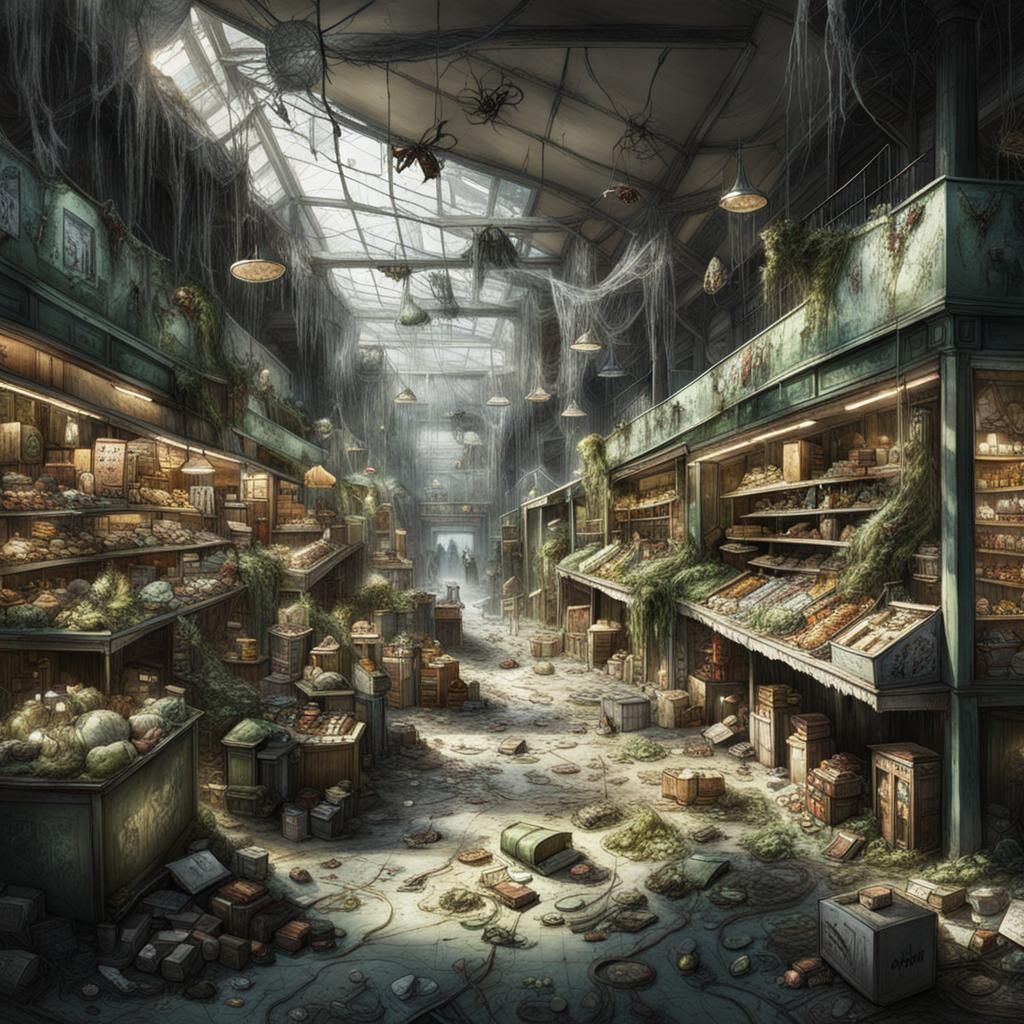 Apocalyptic shopping center full of merchandise, everything covered in ...