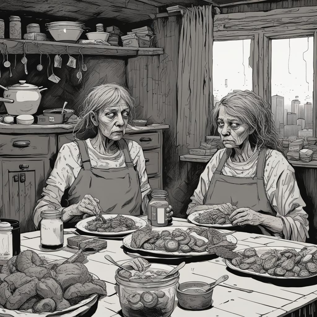 The giant mother and the sad mother eat a home cooked meal dire ...