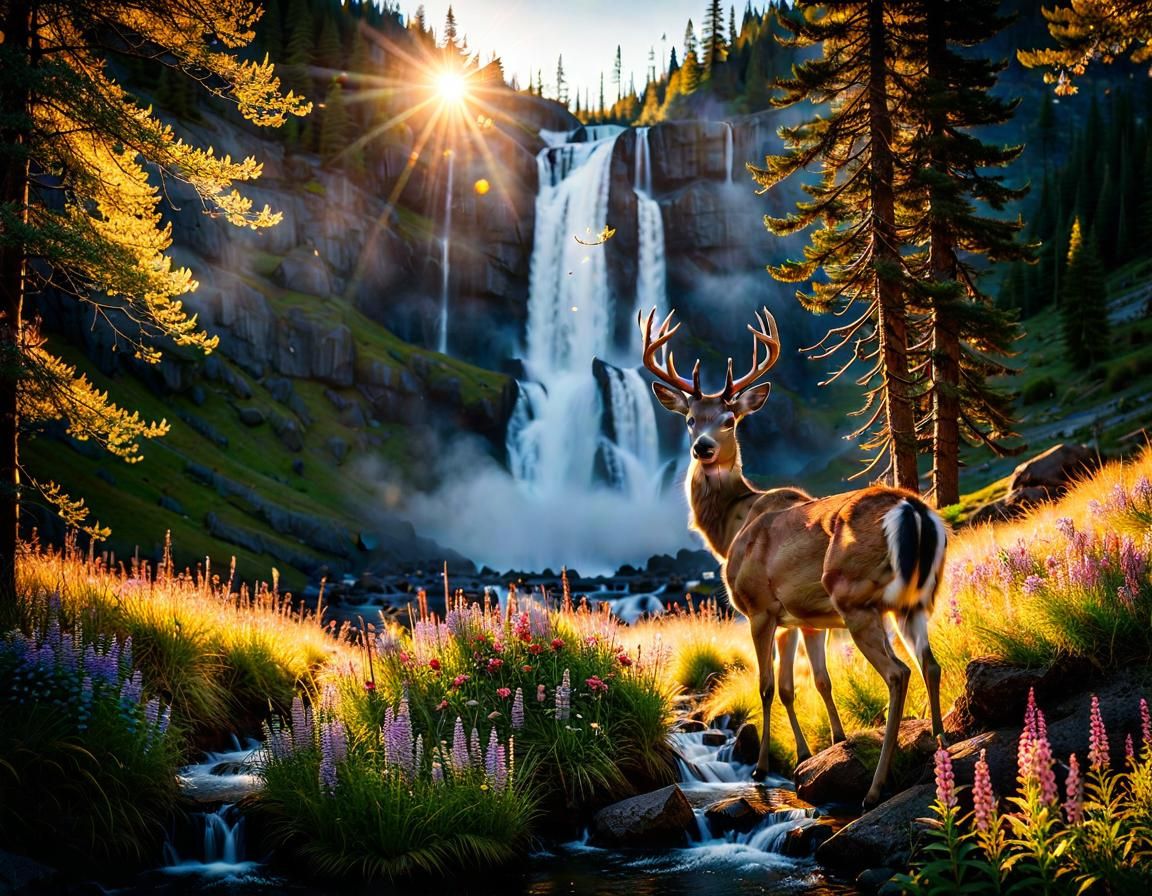 Golden Hour At The Mountain Waterfalls with a deer and wildflowers ...