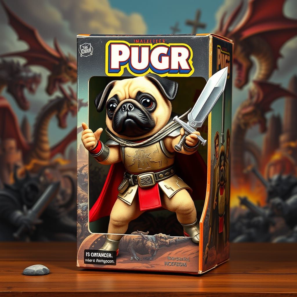A heroic pug action figure, clad in shining armor and wielding a tiny ...