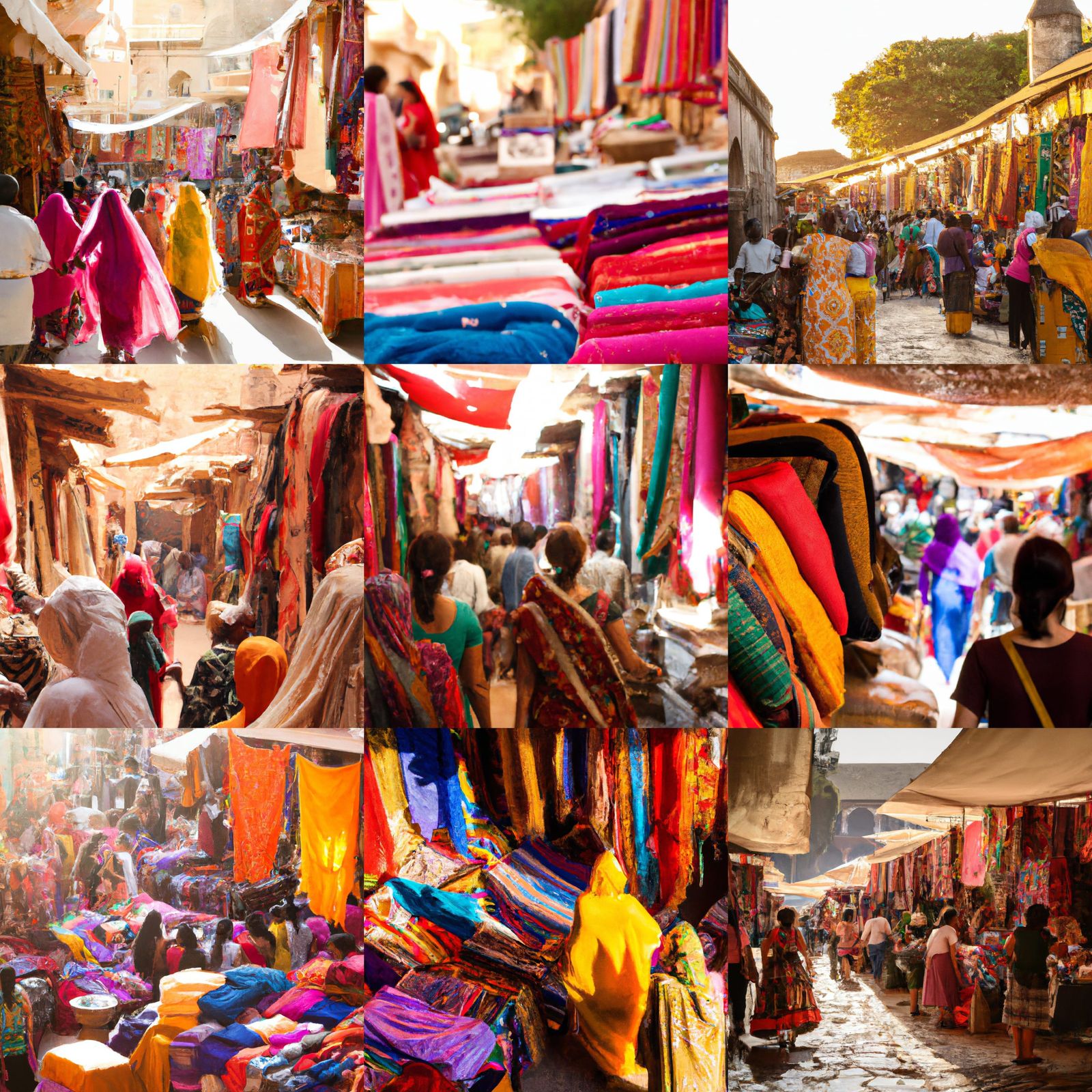 A vibrant marketplace in an exotic, ancient city, bustling with people ...