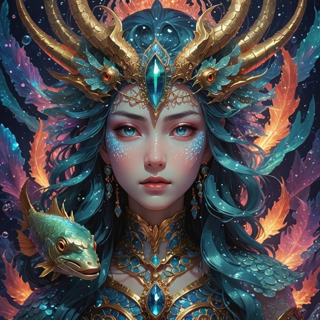 (magical artwork of a god of the sea with glittering fish scales on the ...