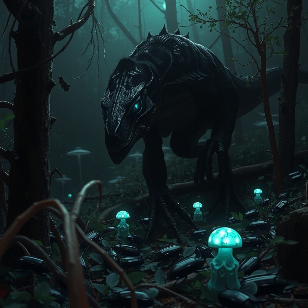 Dark Fantasy Raptor Hunts in Mystical Forest - AI Art