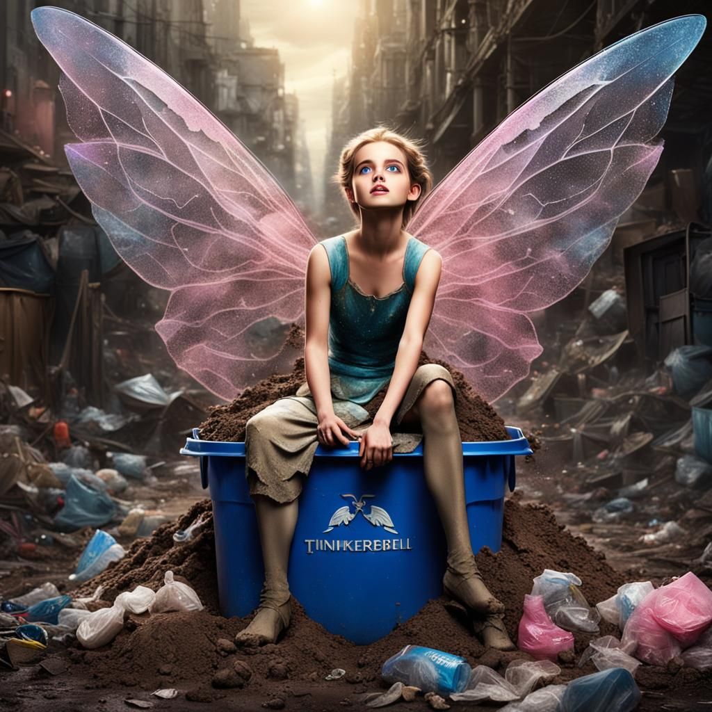 Tinkerbell looks like young Emma Watson goddess covered in dirt. sitting in trash and garbage ...