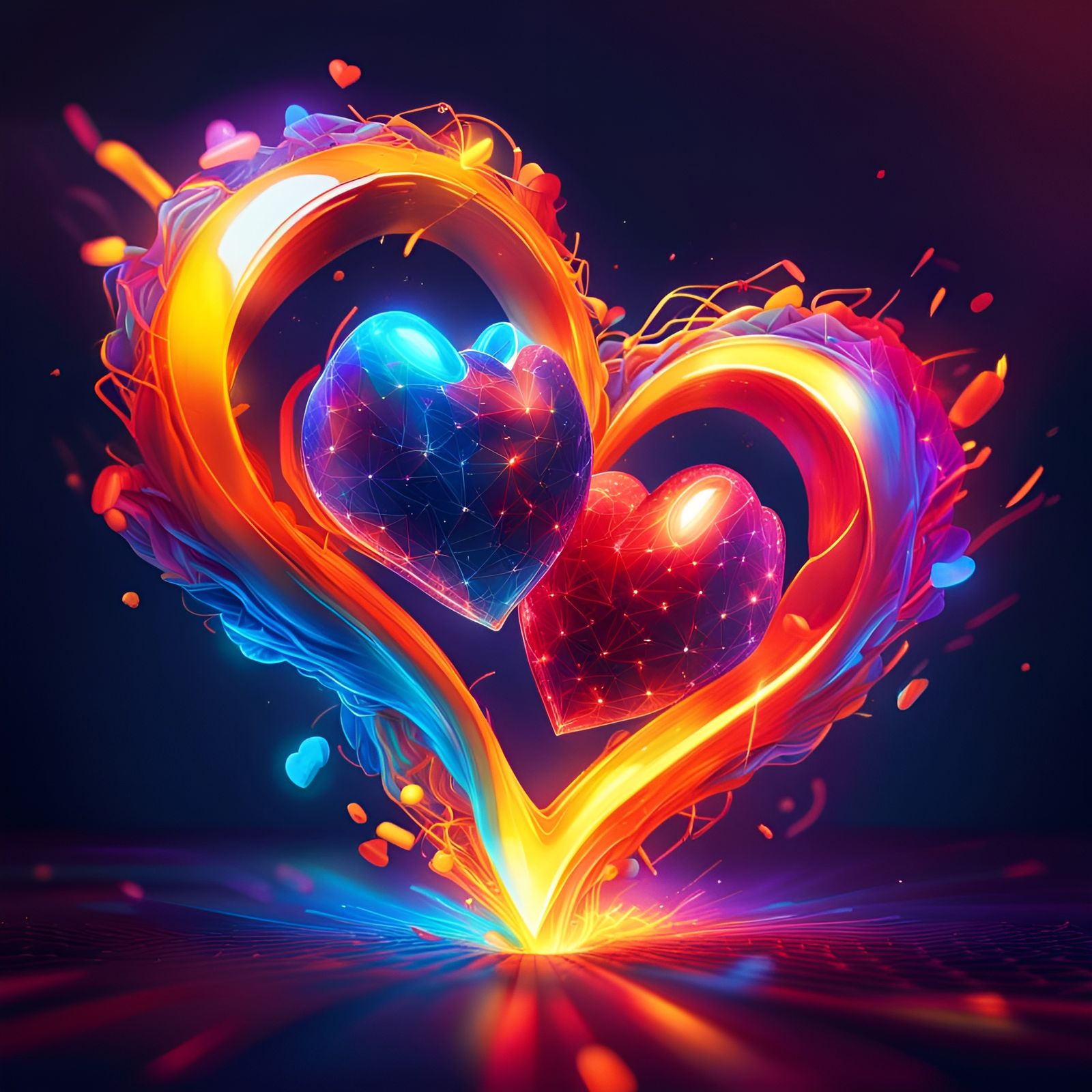 A vibrant scene where two interconnected hearts are emitting a radiant ...
