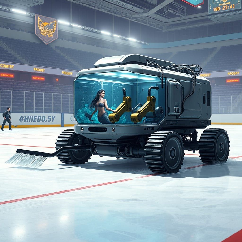 Dystopian Futuristic Hockey Rink Fishtank with Rob... - AI Art