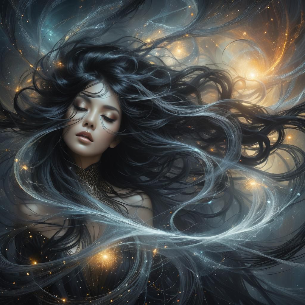 Surreal beauty with flowing black hair intertwined like quantum ...
