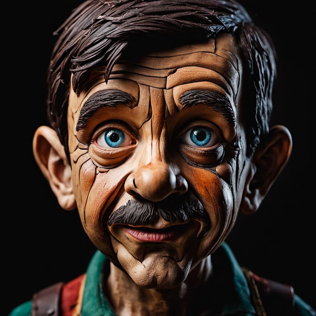 3/4 viee of a sevearly damaged wooden pinocchio after being burnt in a ...