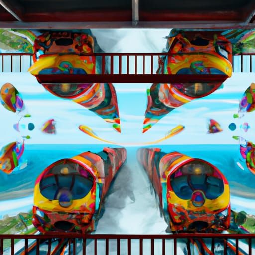 trains move along railway tracks in the air in psychedelic recursion ...