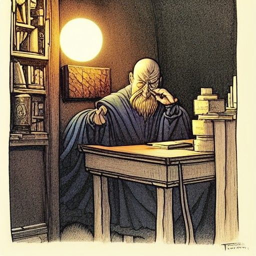 A wizard sits at his desk pondering his orb, wizard’s study, fantasy ...