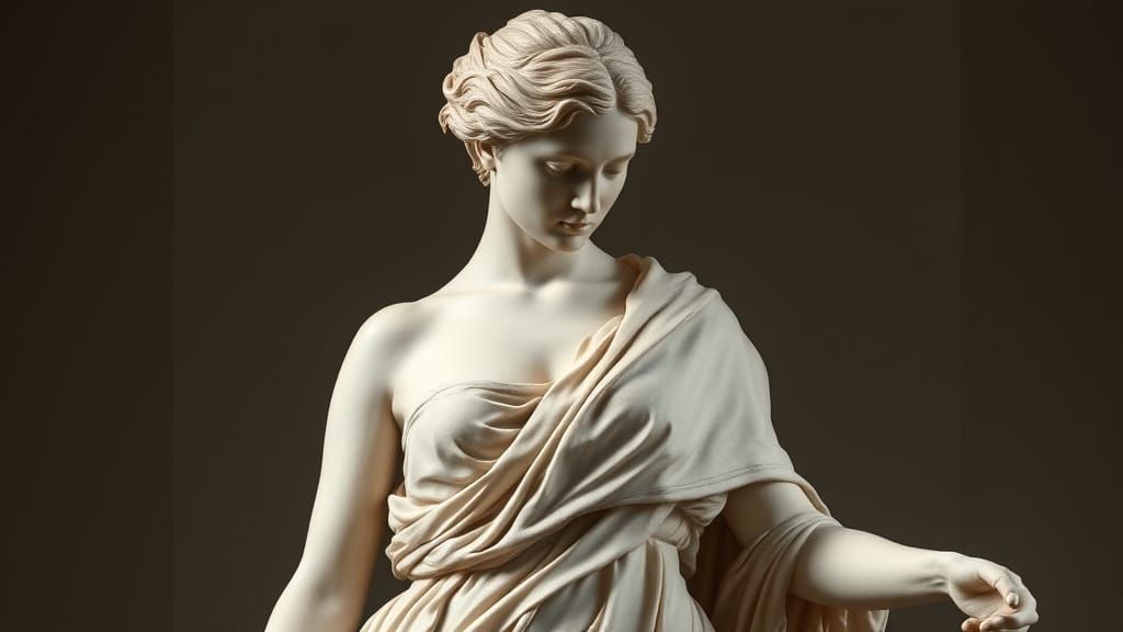 An ancient broken, Roman marble statue of a woman, her arms broken off ...