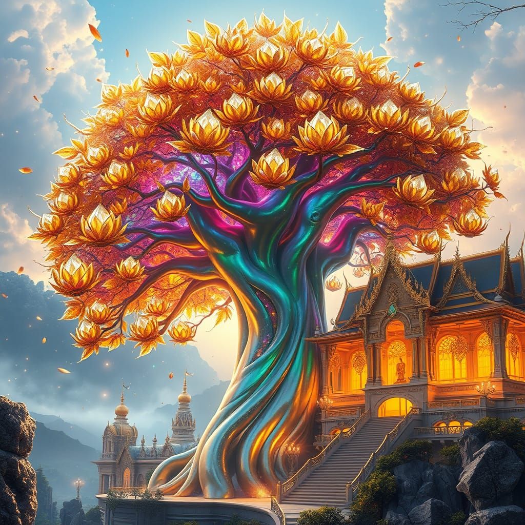 Mystical Thai Palace Tree with Iridescent Leaves a... - AI Art