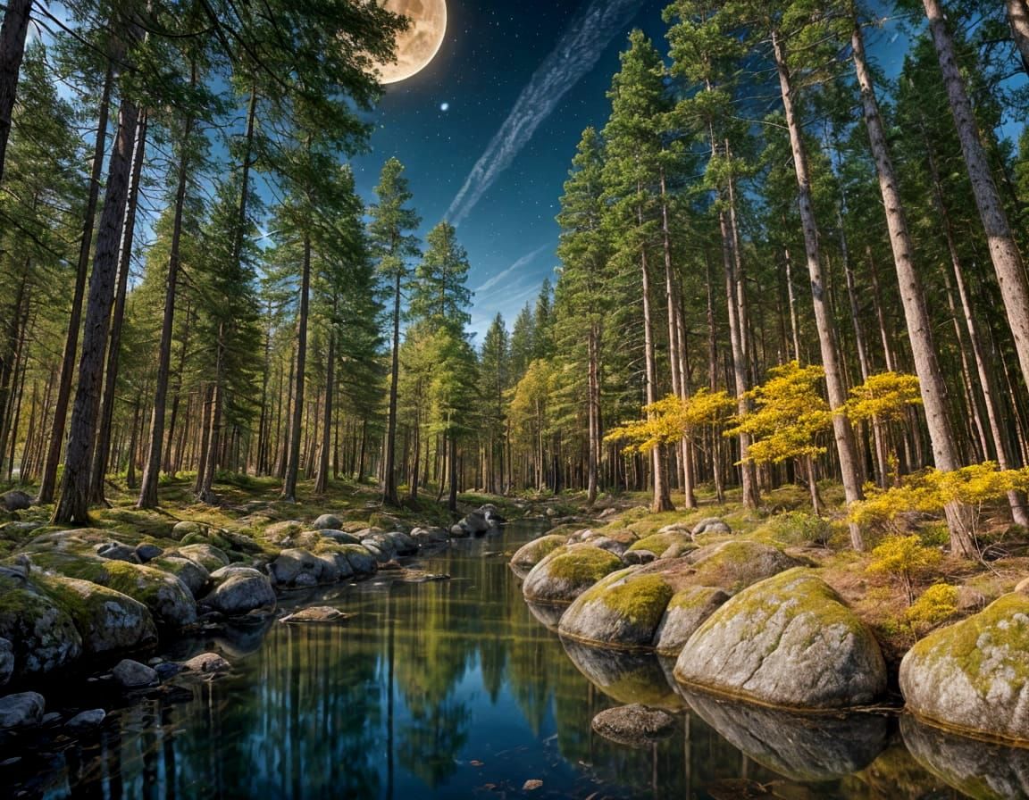 hyperdetailed golden hour moonstone forest II