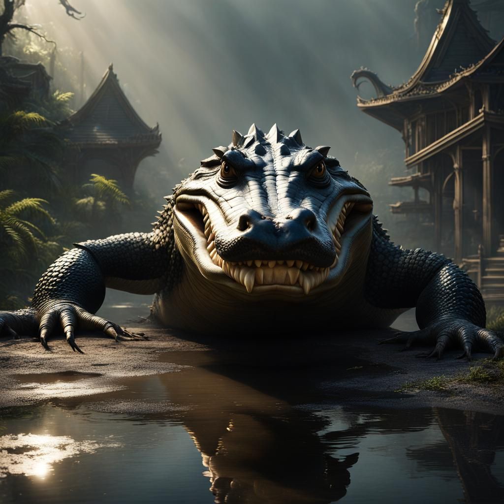 Award-winning masterpiece meticulously detailed Enraged alligator, dark ...