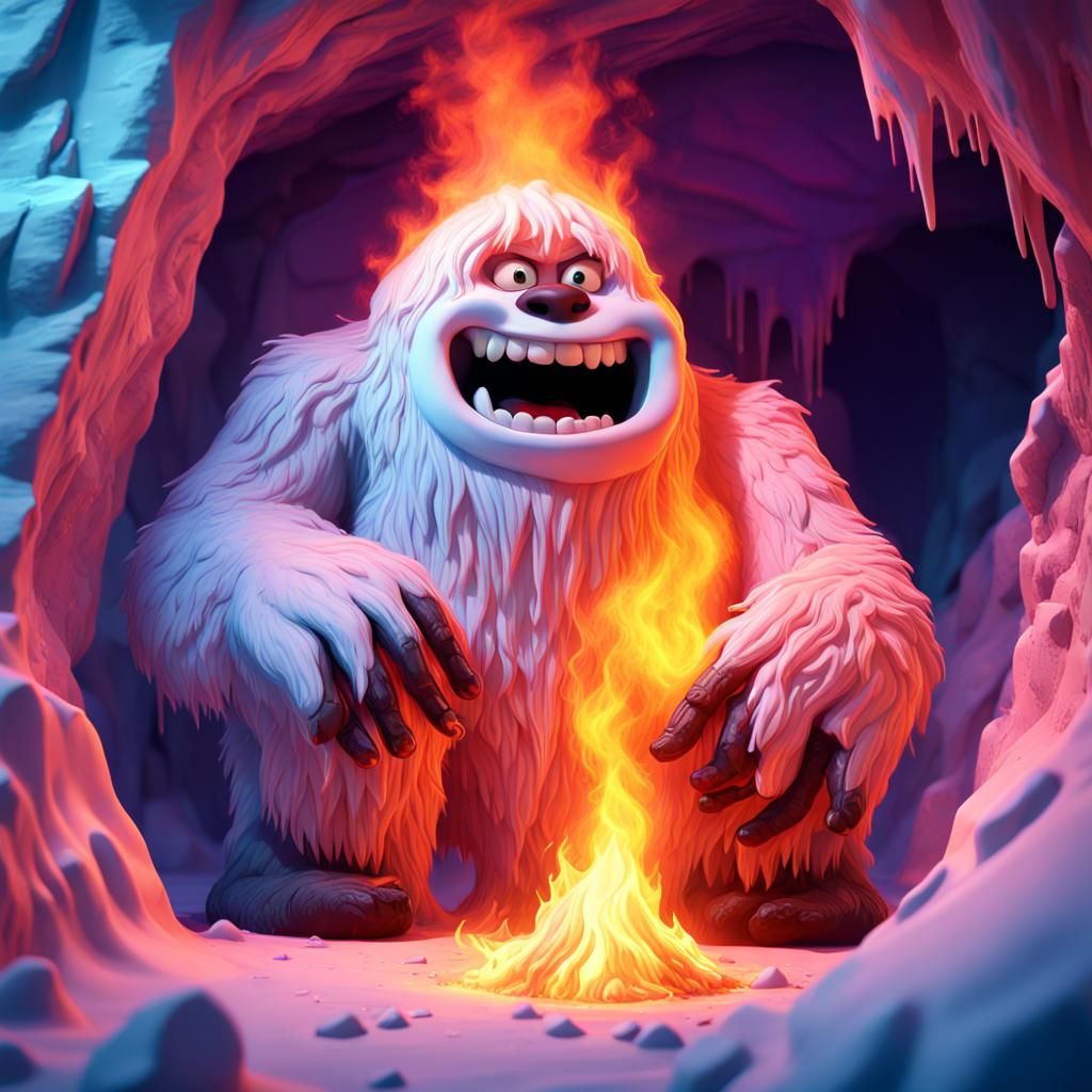 The abominable snowman melting by a fire inside its cave - AI Generated ...