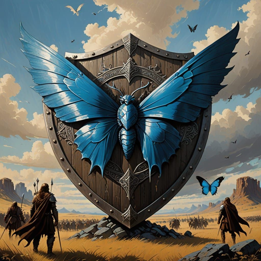 Epic Fantasy Shield with Blue Butterfly Sigil - AI Art