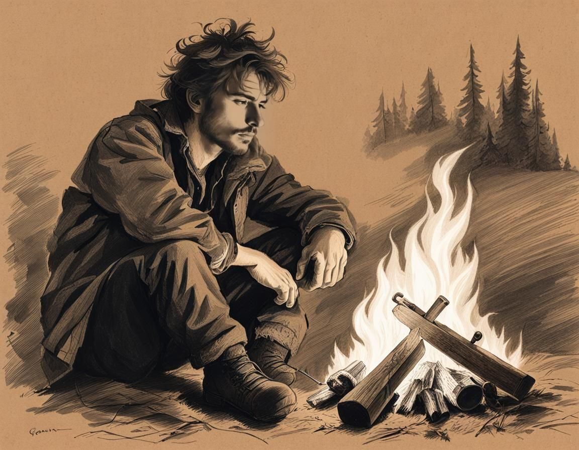 side portrait of a gaunt man with messy hair, wearing tattered clothes ...