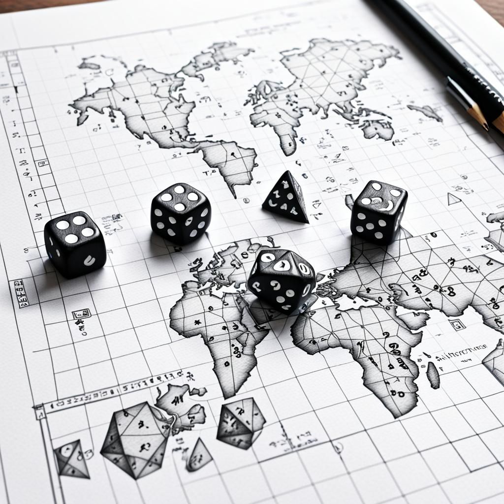 a realistic black and white ink drawing of an RPG map on graph paper, a ...