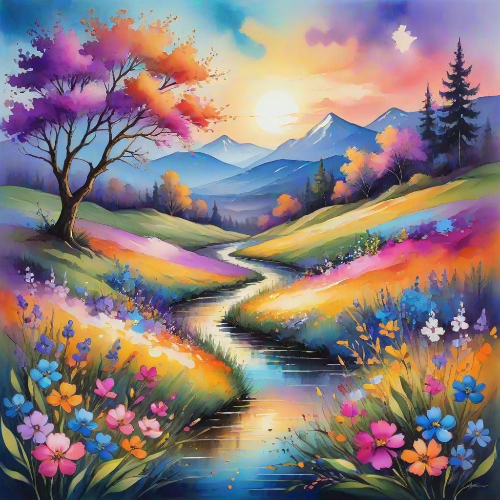 Spring Blossoms Along The Stream - Spring Blossoms Along The...