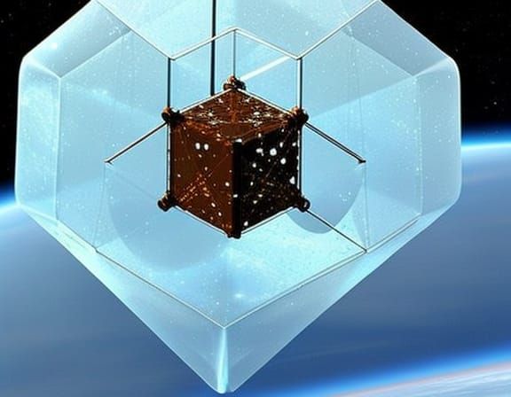 A crystal glowing cube with parabolic antenna, floating in space above ...