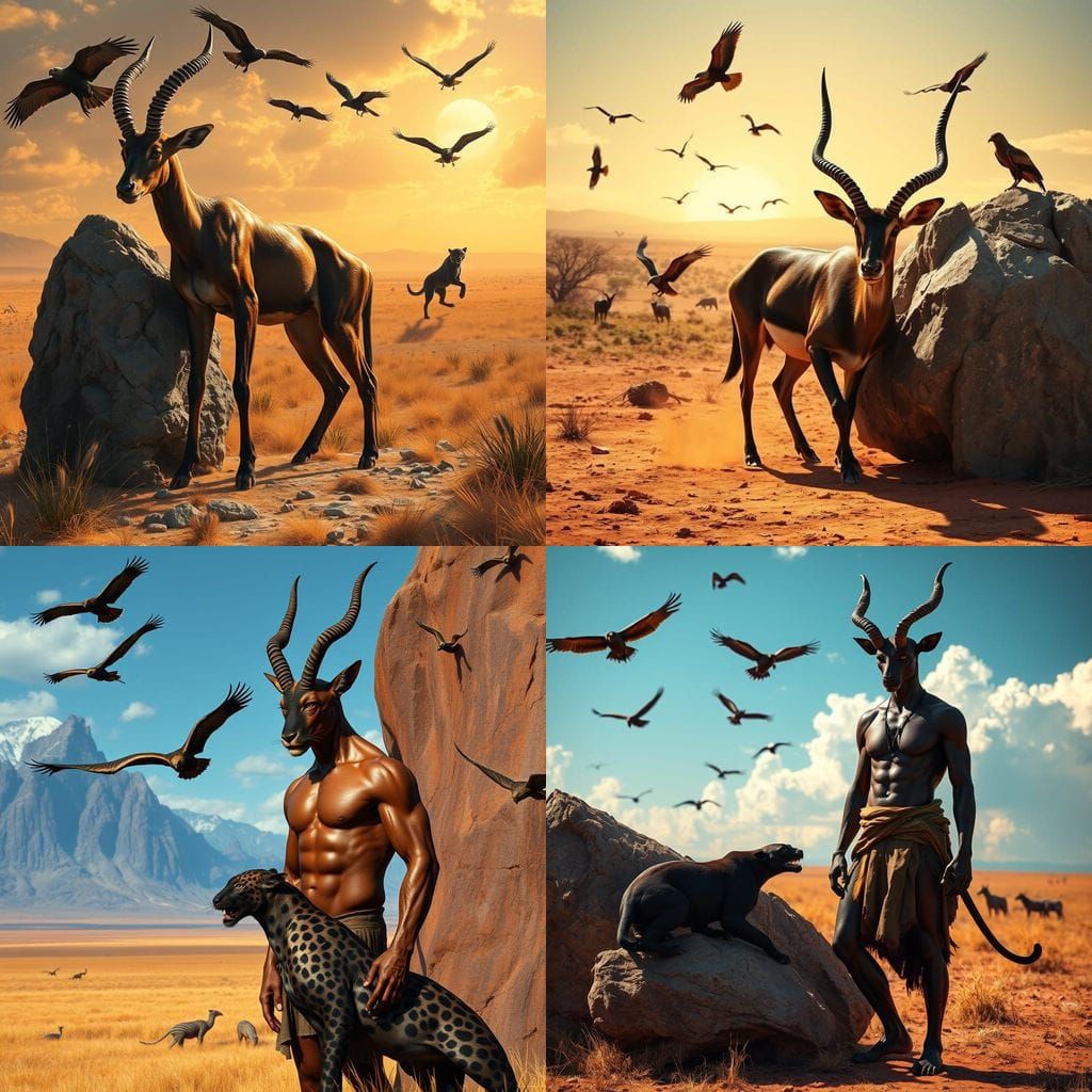sable antelope/man hybrid anthro, next to a rock in the plains, full ...