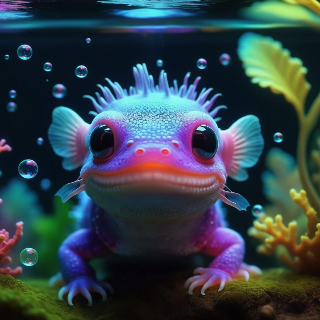 A cute axolotl in a colourful aquarium.