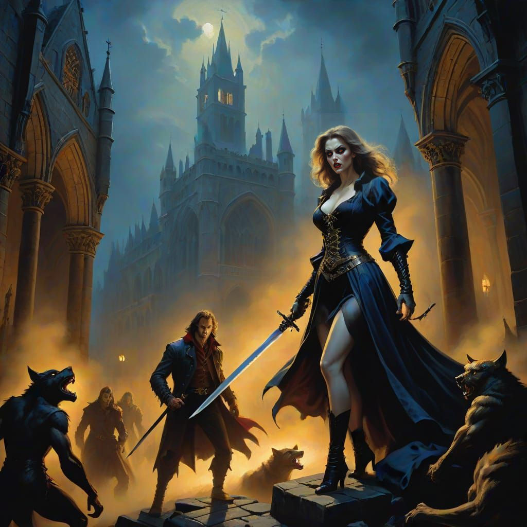 Vampire Swordsman Battles Werewolves in Gothic Cit... - AI Art