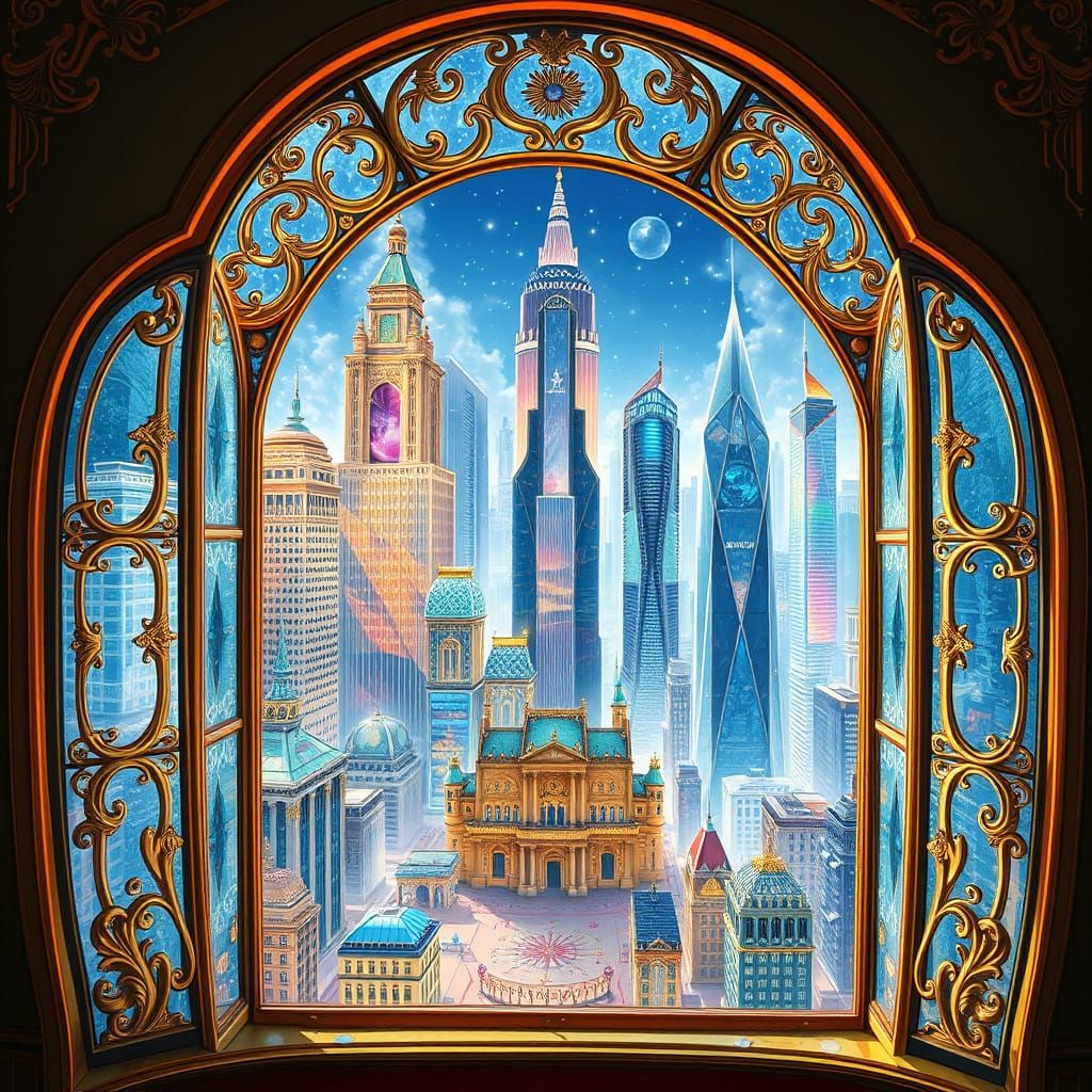 A giant bay window looks out upon a city made from glass