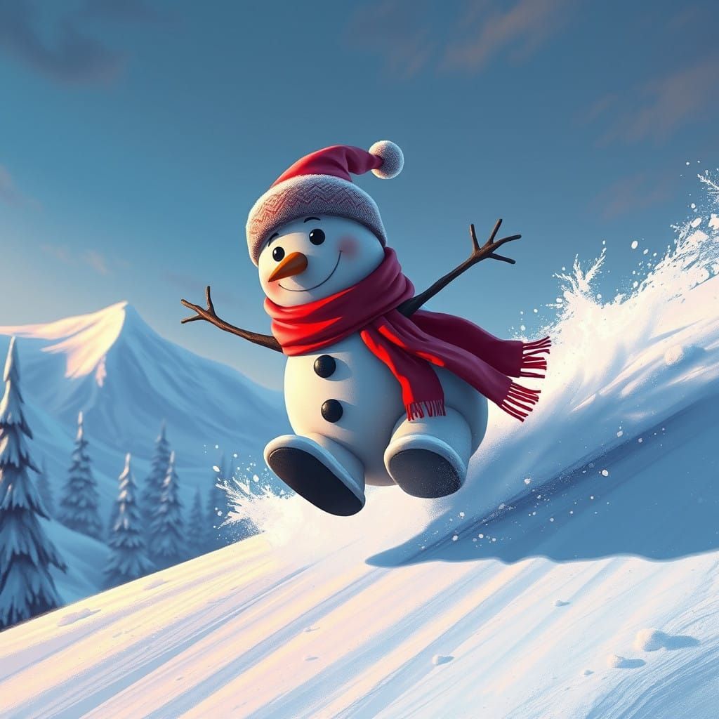 Sliding Time - Vibrant Cartoon Snowman Speeds Down Winter Wo...