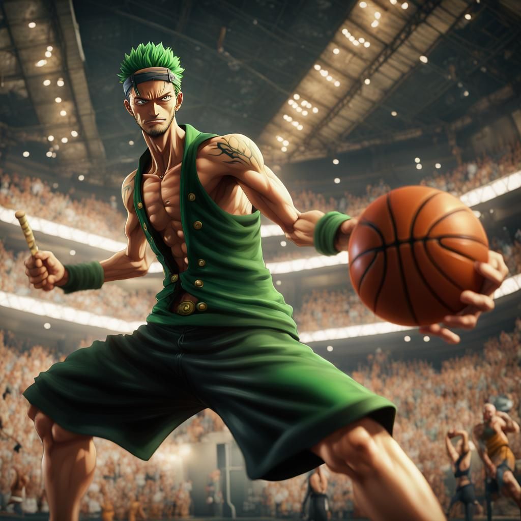 zoro personagem de one piece jogando basquete em ginásio lotado - AI ...