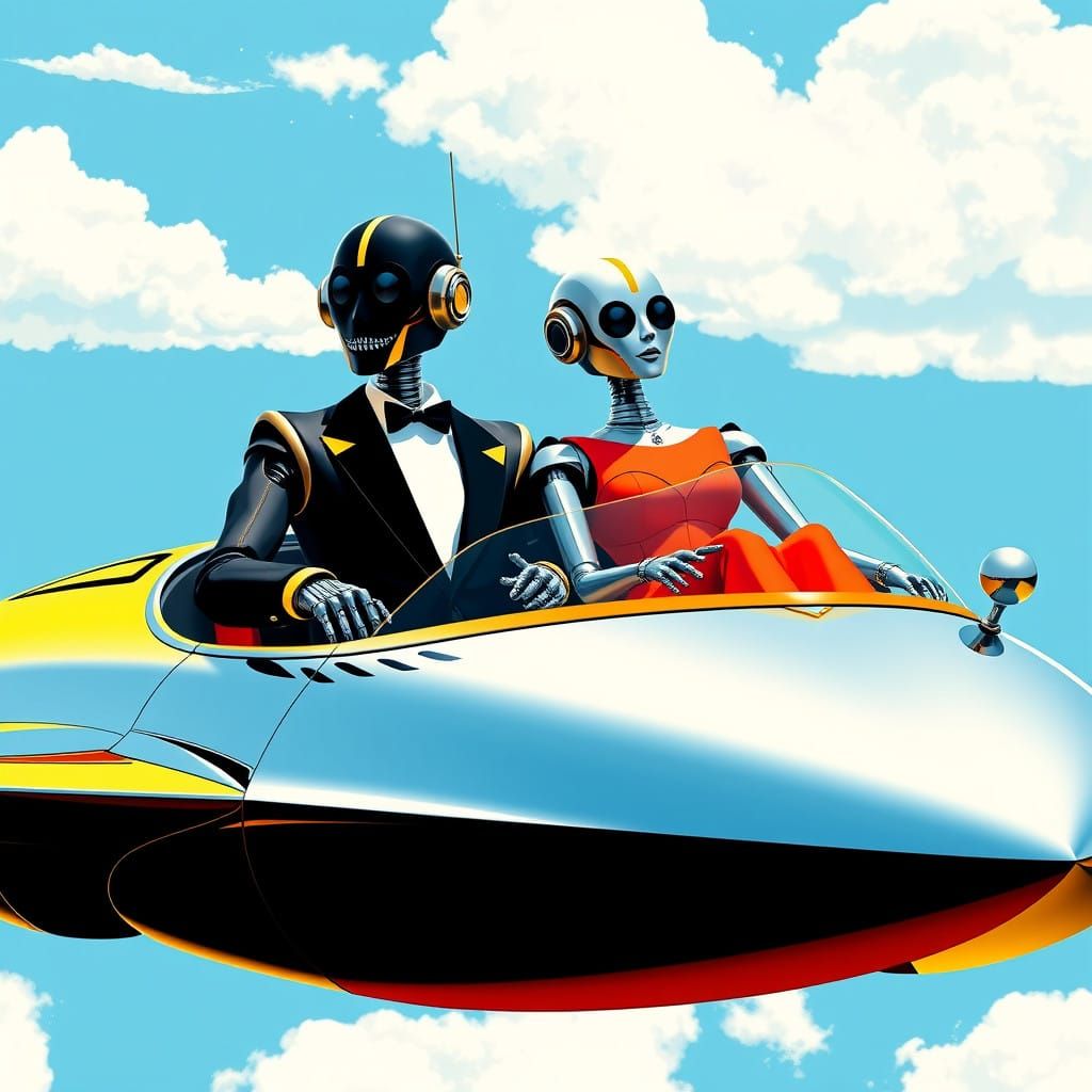 Futuristic 1960s Robot Couple Soar in Vibrant Flyi... - AI Art