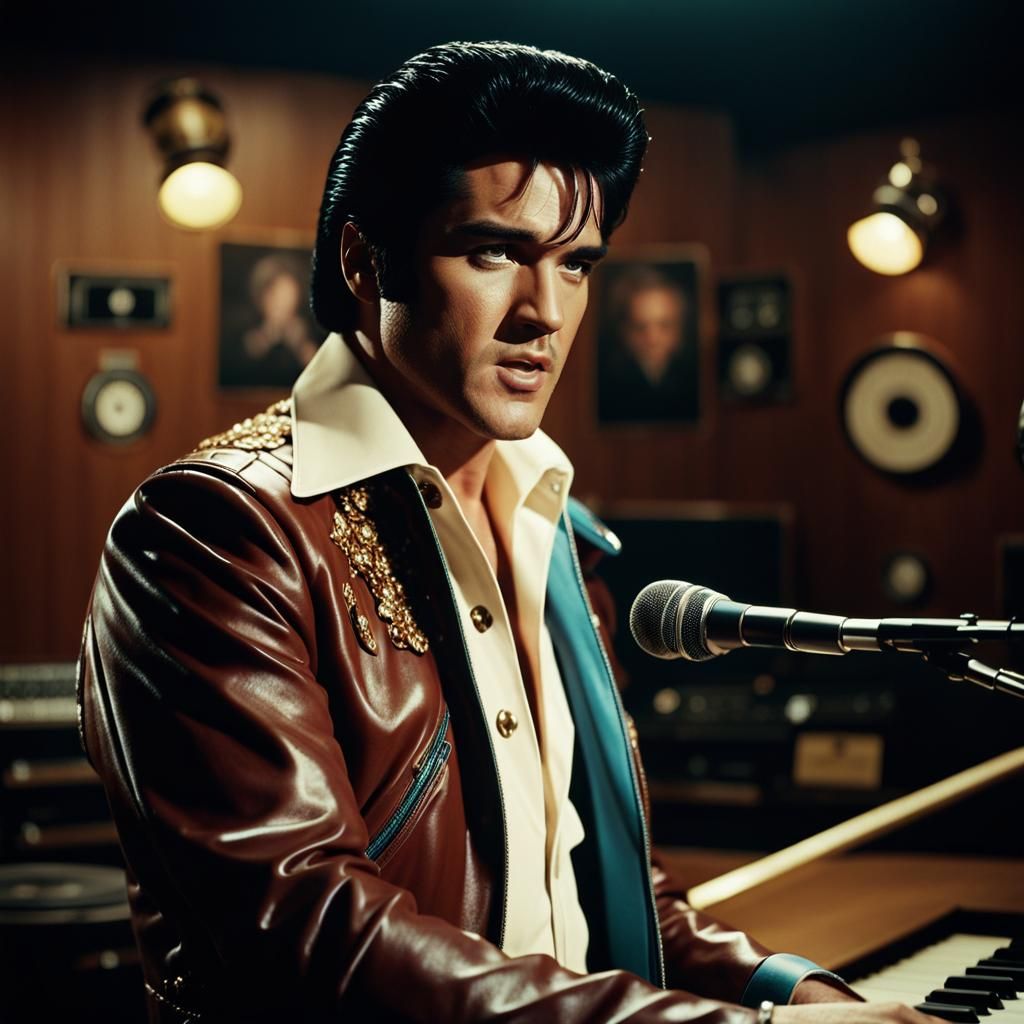 Medium shot of very real Elvis Presley in the 70s style wearing a ...