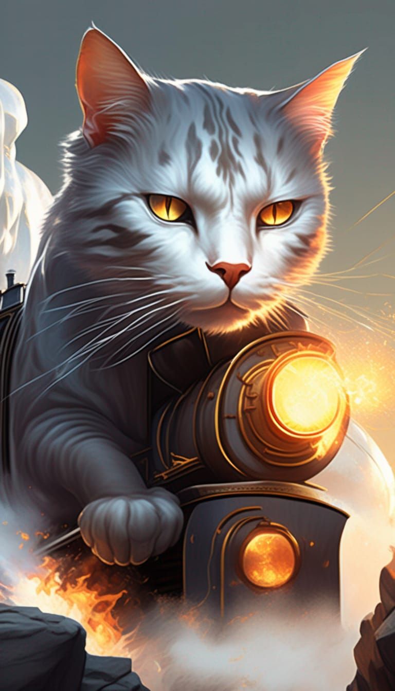 A cat drives a steam train emerging from the ocean on white rocks with ...