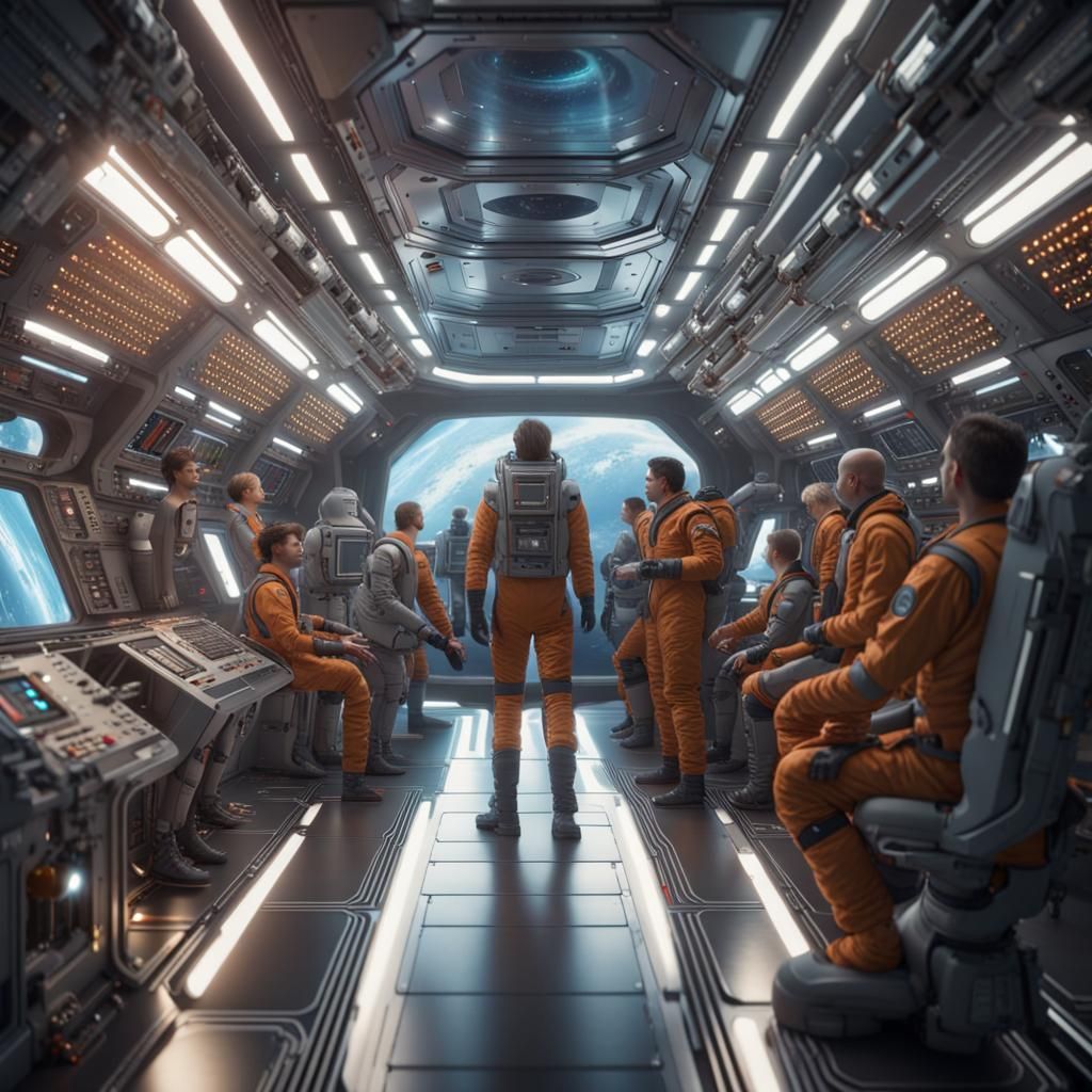 Humans on an advanced starship in space, machines, instruments, orderly ...