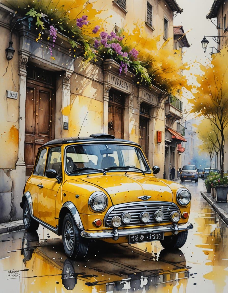 The Yellow Mini Cooper - Vibrant Yellow Mini Cooper in Milan...