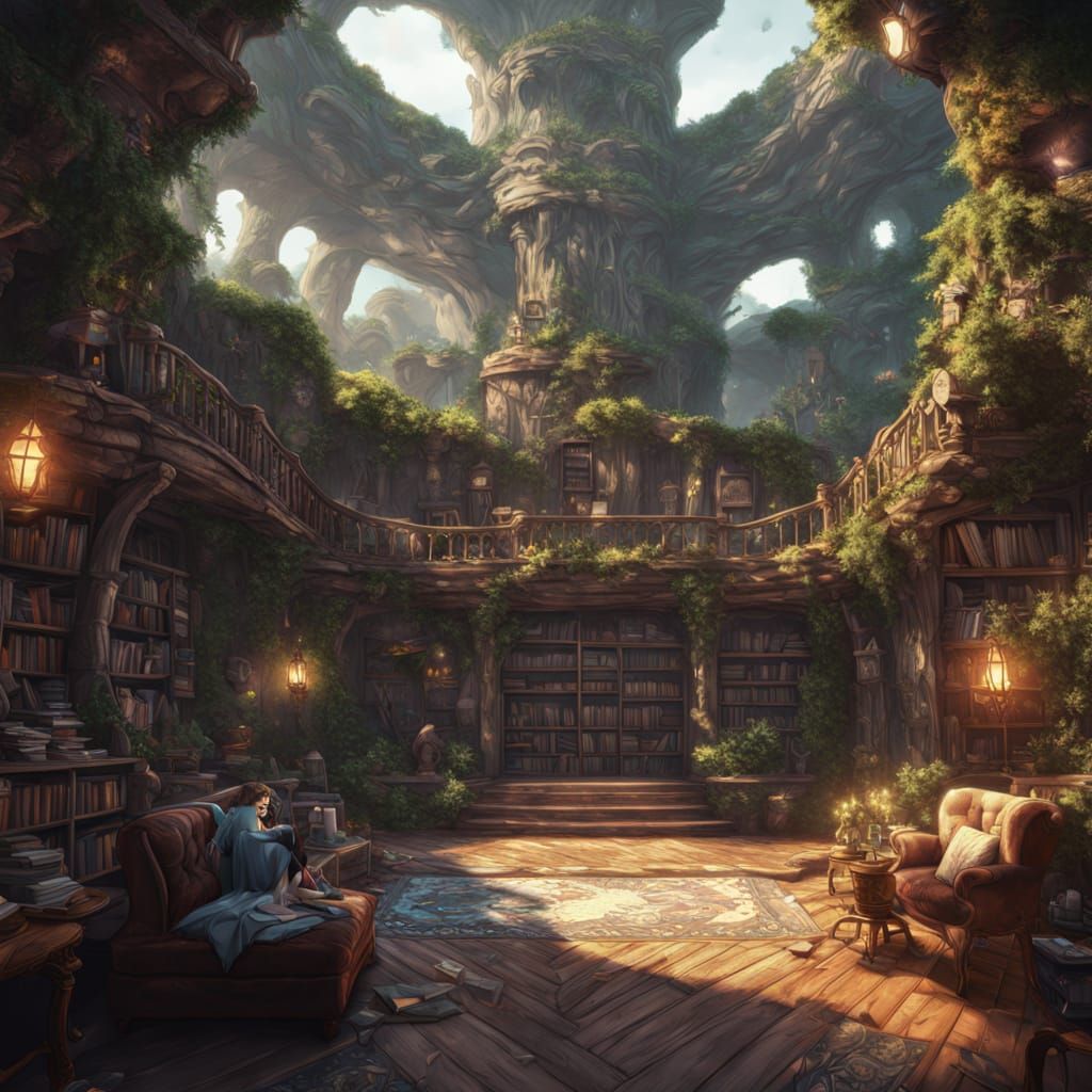 Solarpunk Library Sanctuary within a Giant Sequoia - AI Art