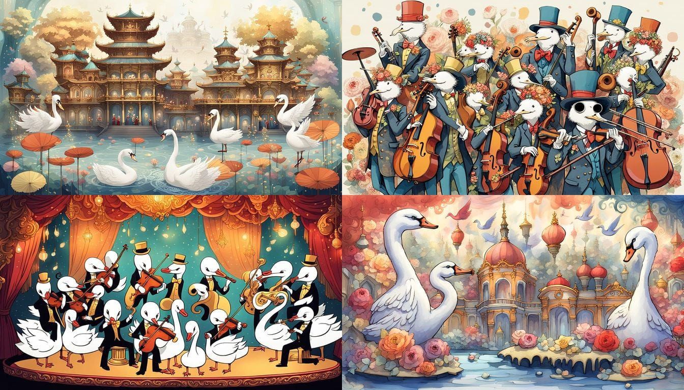 Chibi Swan Musicians Perform Vibrant Concert in Wh... - AI Art
