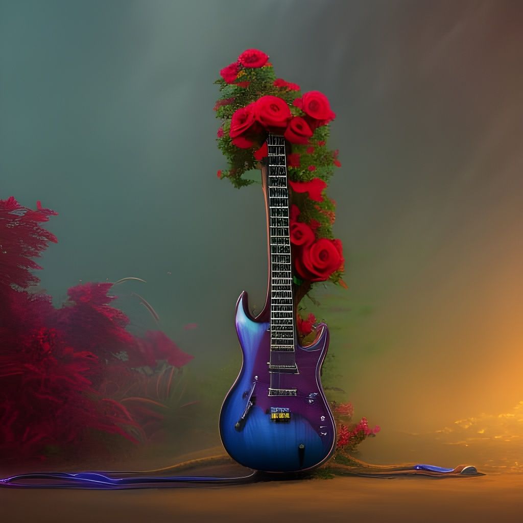 An electric guitar standing vertical, a rose plant growing around it ...