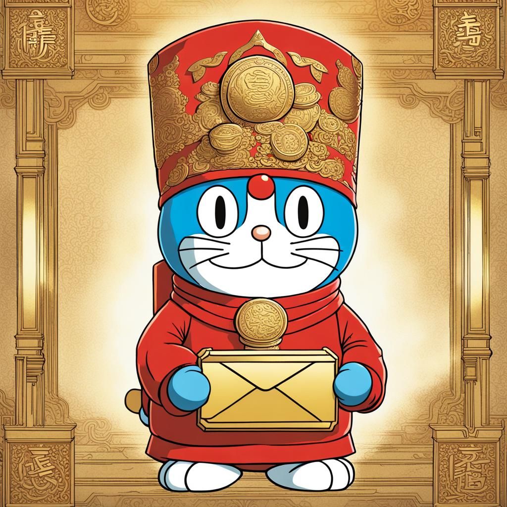 Doraemon in his God of Wealth costume is very impressive! He wore a red ...