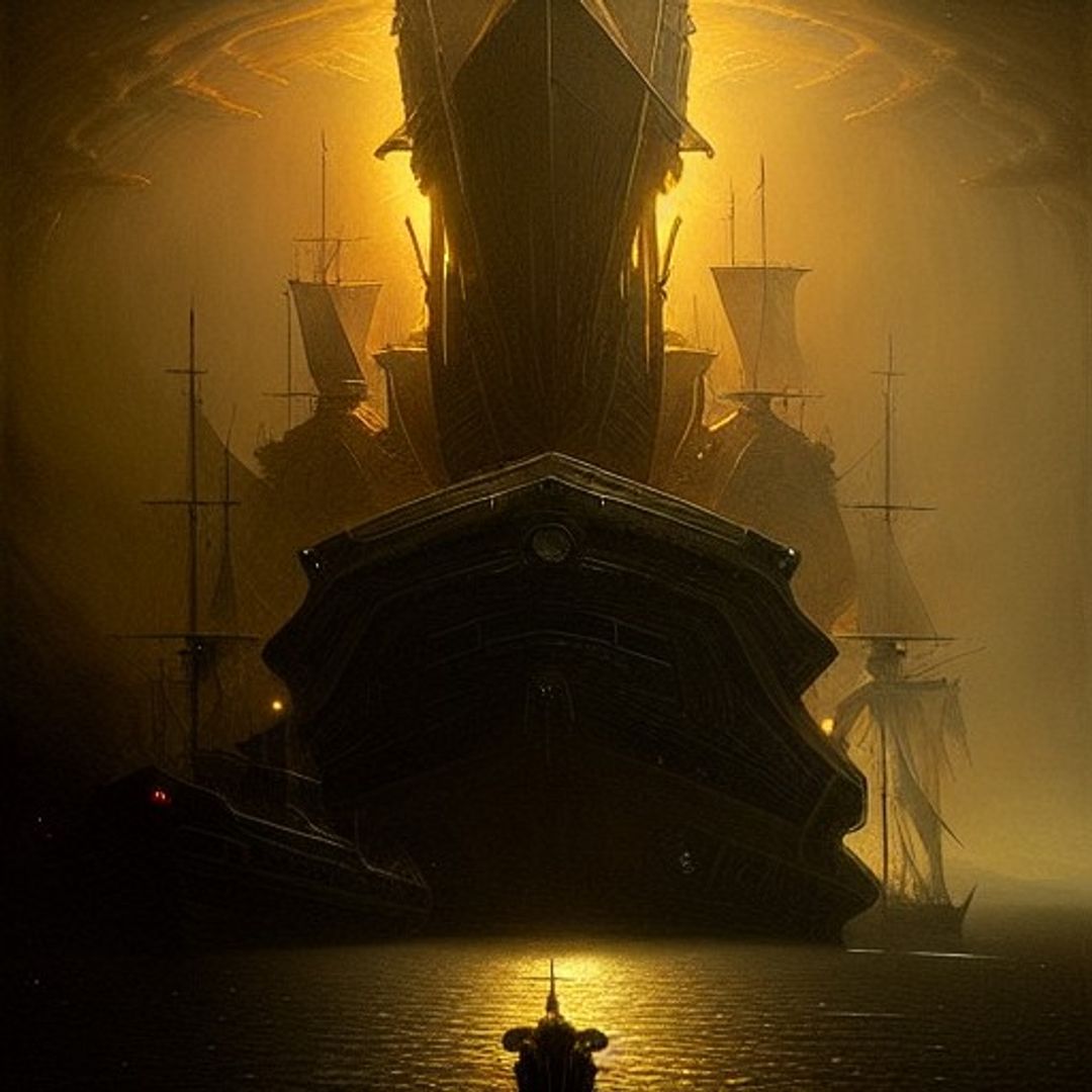 Majestic black and copper starship in the misty golden hour sinister by ...