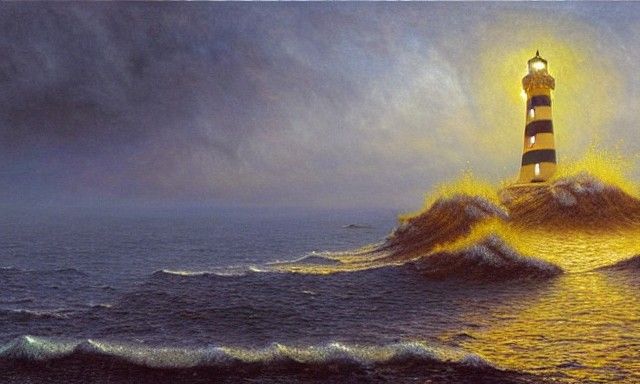 A beautiful matte painting of a single lighthouse shining it’s light ...