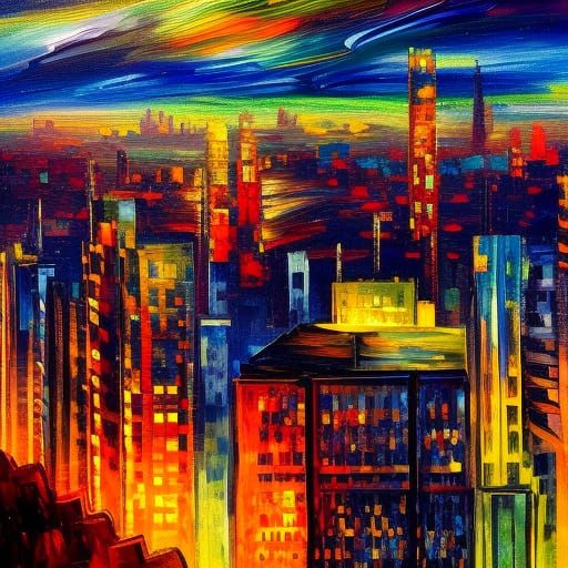 Cityscape with backlit windows and stormy sky; intricately detailed ...