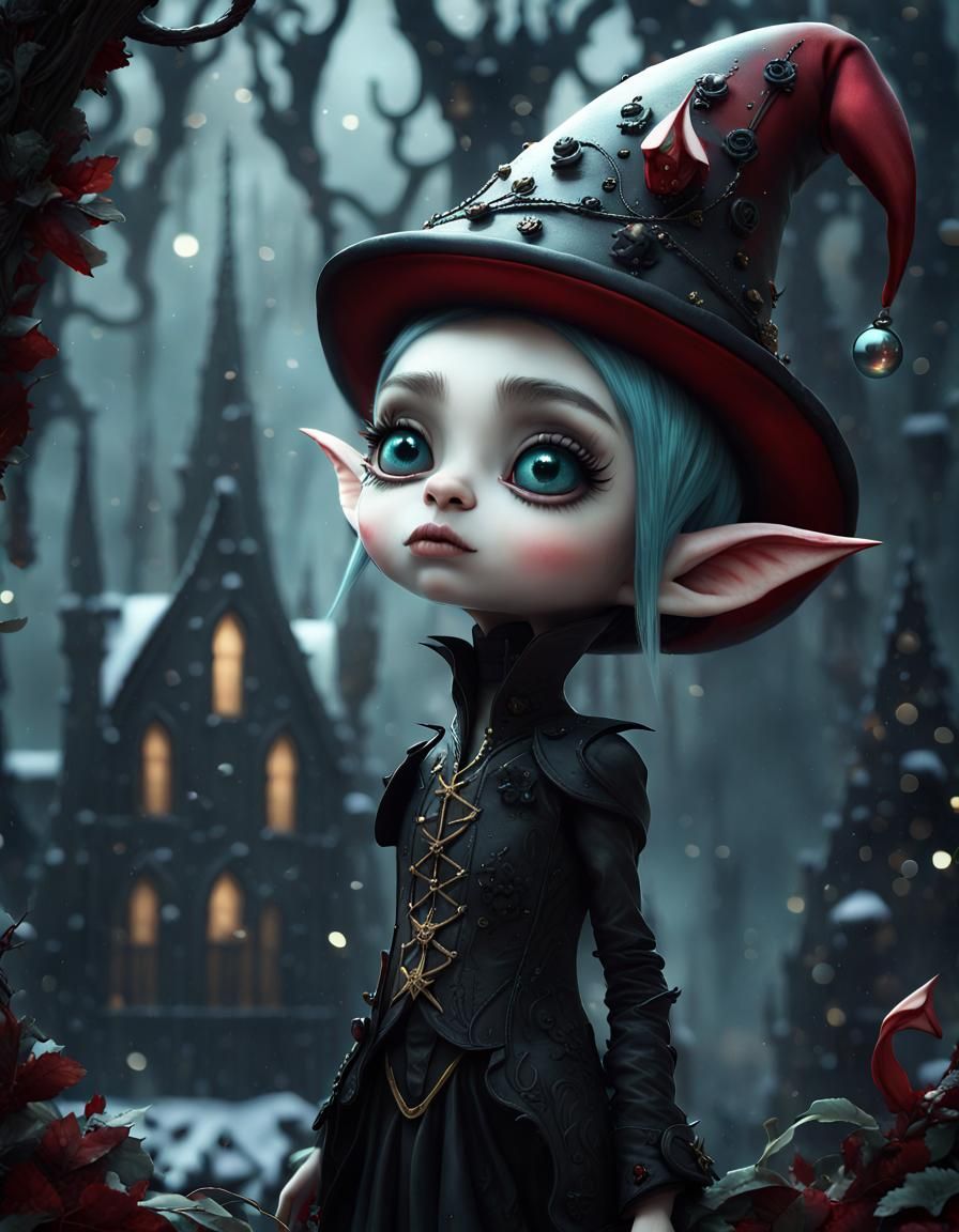 an adorable gothic elf. high contrast, richly detailed, Aetherpunk ...