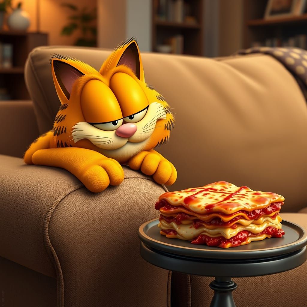 Satisfied Garfield Laps Up Lasagna on Sofa Arm - AI Art
