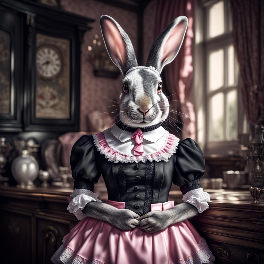 a black and pink anthropomorphic female rabbit wearing a lace French ...